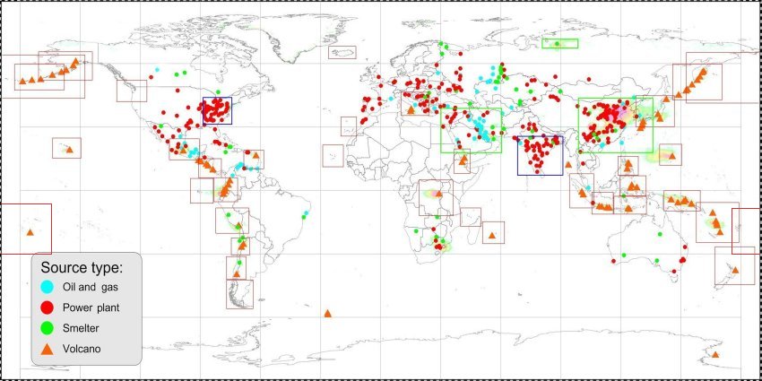 Clickable map of the world for sulfur dioxide concentrations